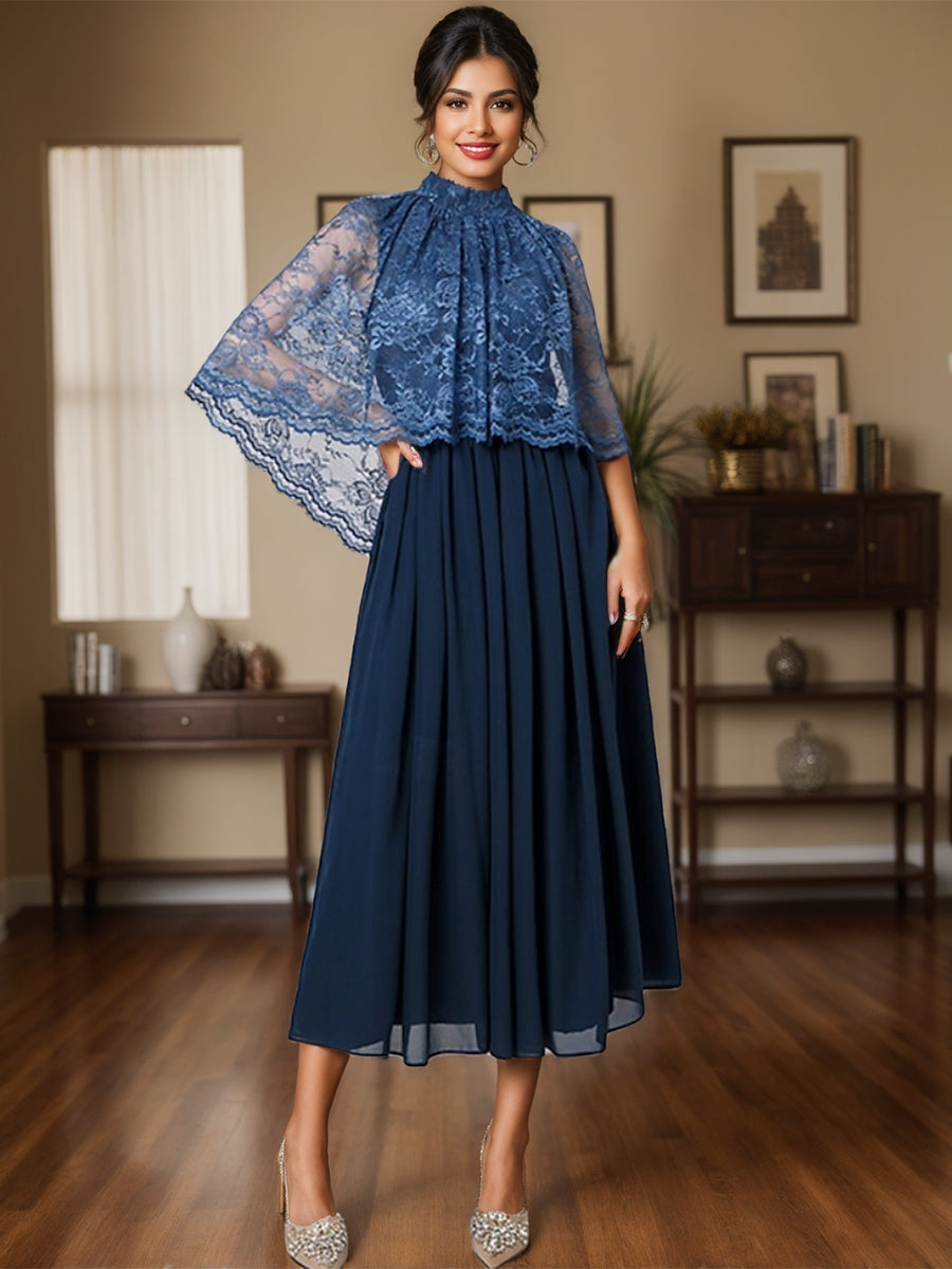 A-Line High Neck Chiffon Tea-Length Mother of the Bride & Groom Dresse ...